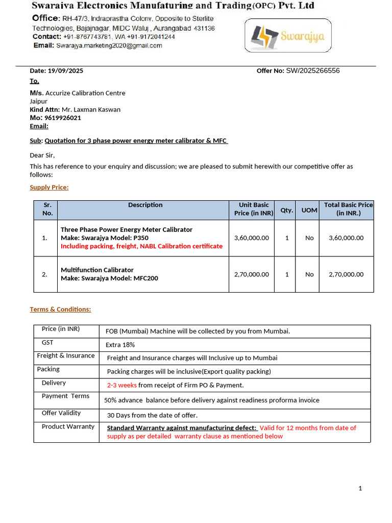 Quotation for Power Meter Calibrator | PDF