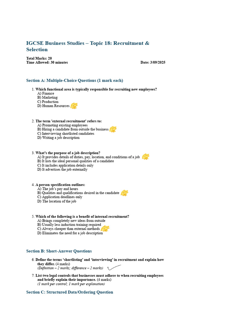 IGCSE Business Studies: Recruitment Guide | PDF