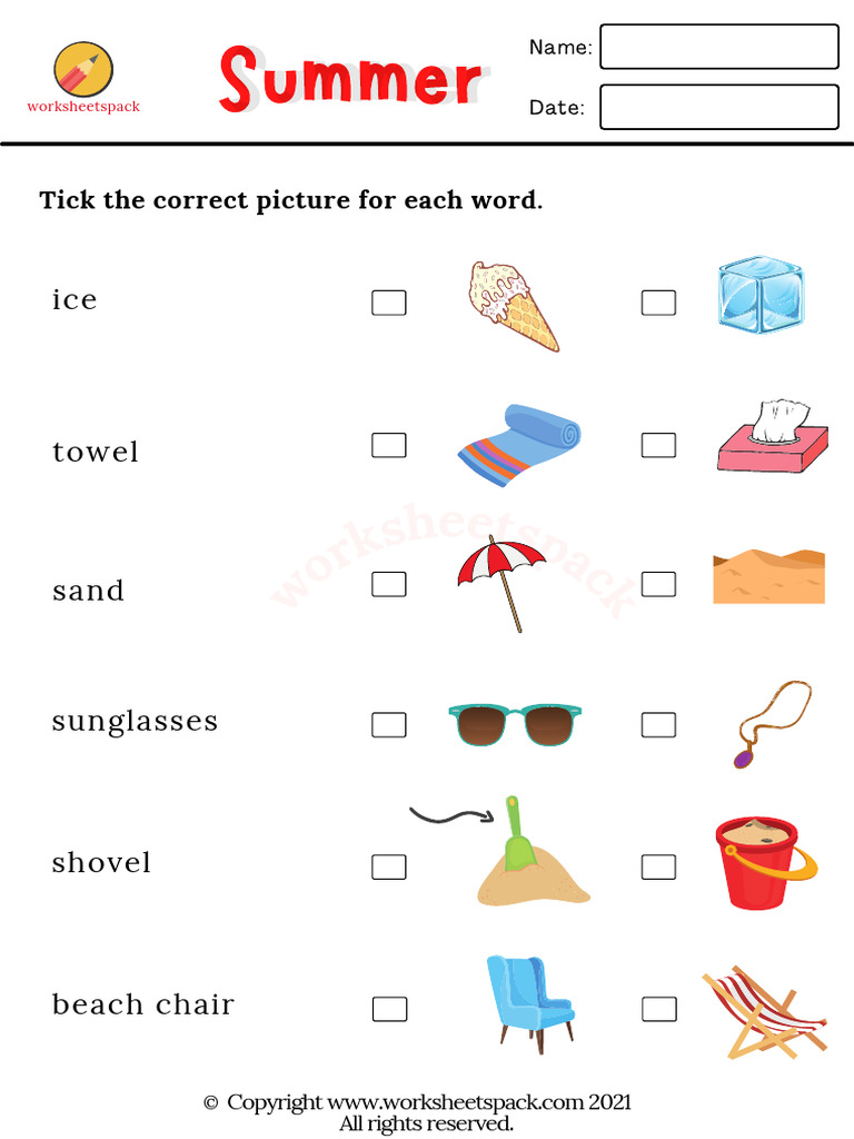 Summer Worksheets Tick The Correct Picture For Each Word | PDF