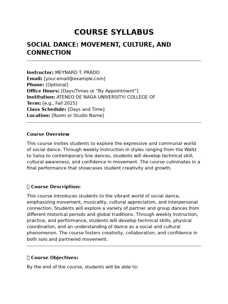 Course Syllabus For Social Dance | PDF | Dances | Ballroom Dance