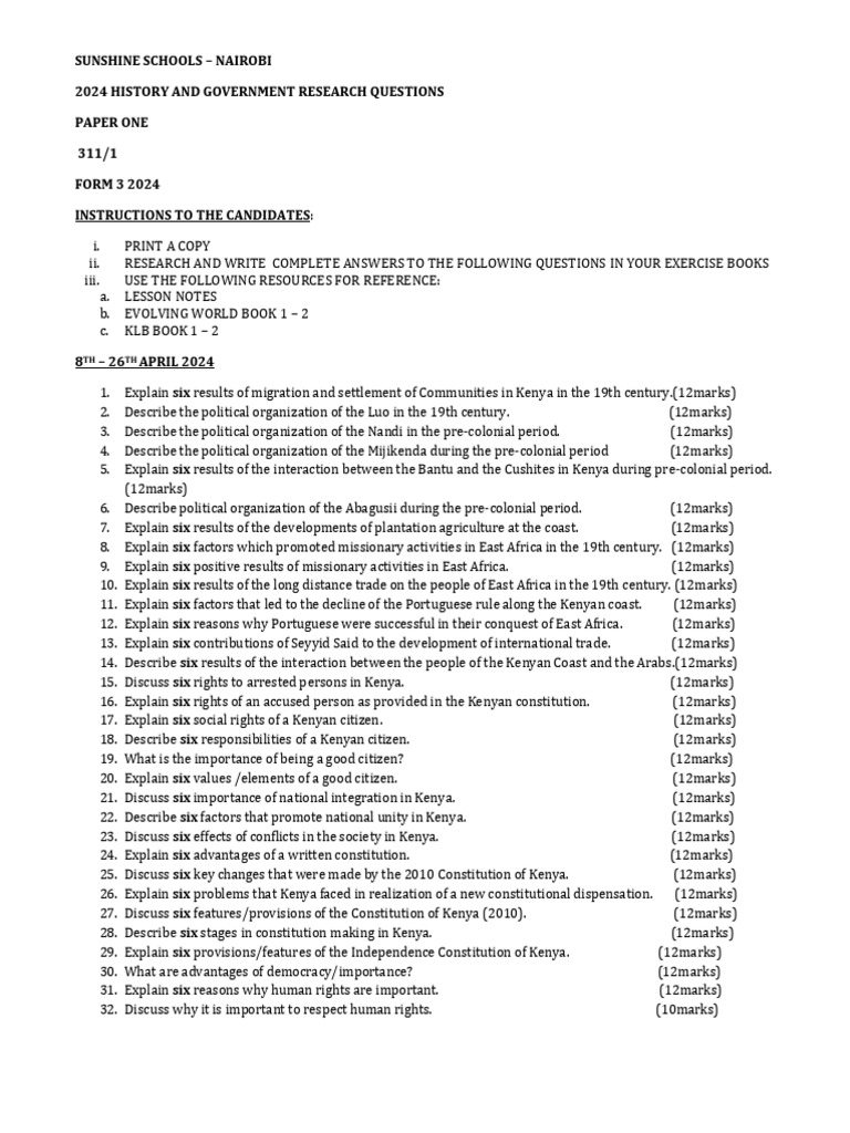 2024 Nairobi History & Government Exam Questions | PDF | East Africa ...