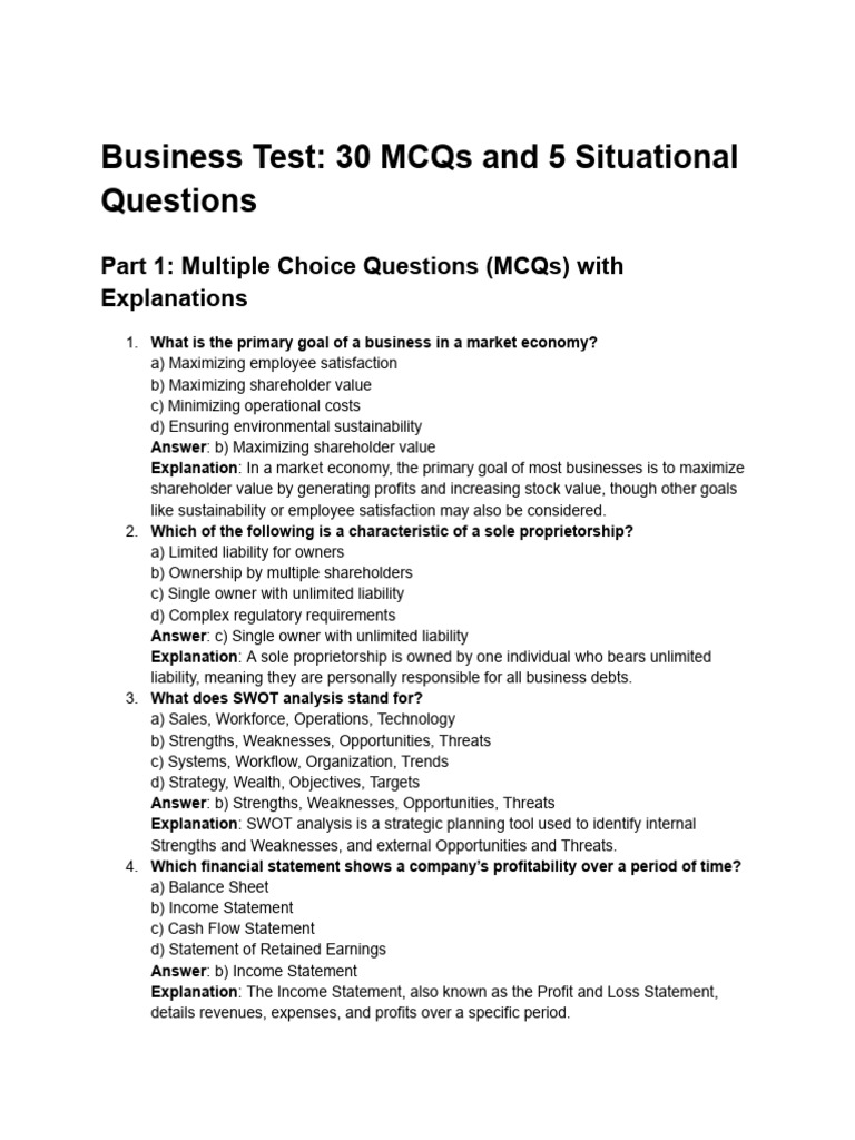 Business MCQs and Situational Questions | PDF | Corporate Social ...