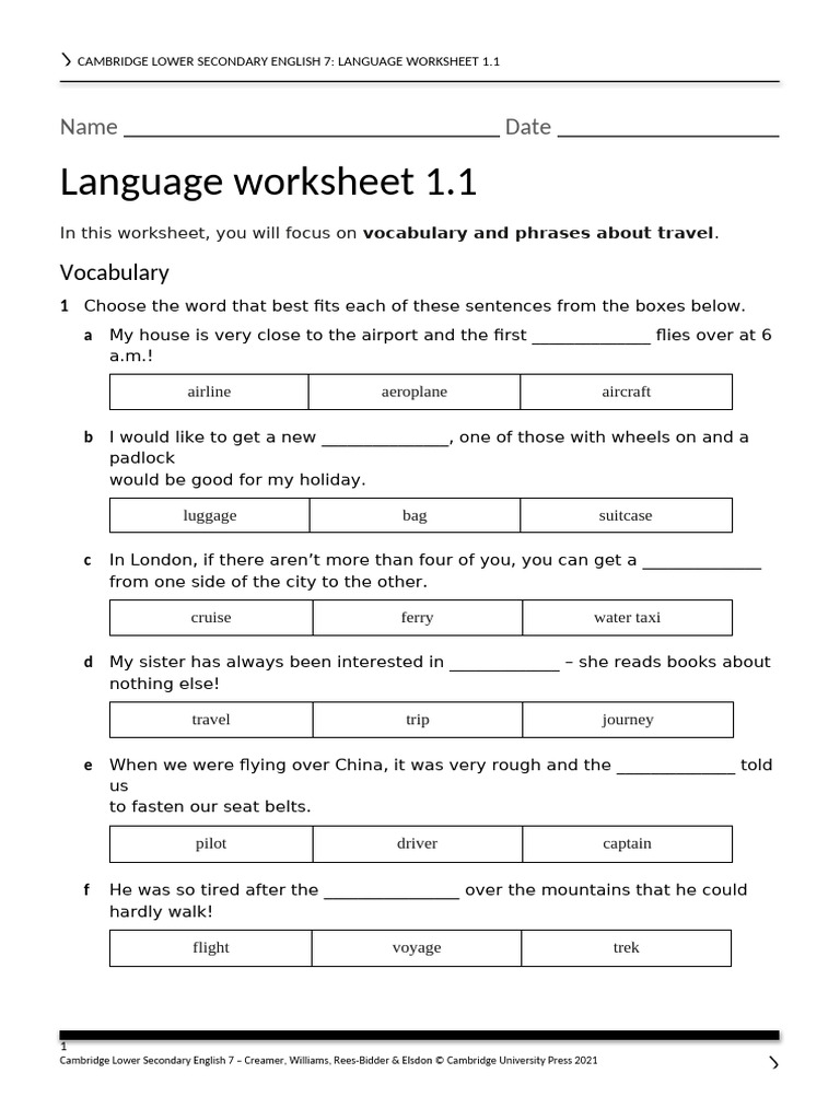 Travel Vocabulary Worksheet for English 7 | PDF | English Language