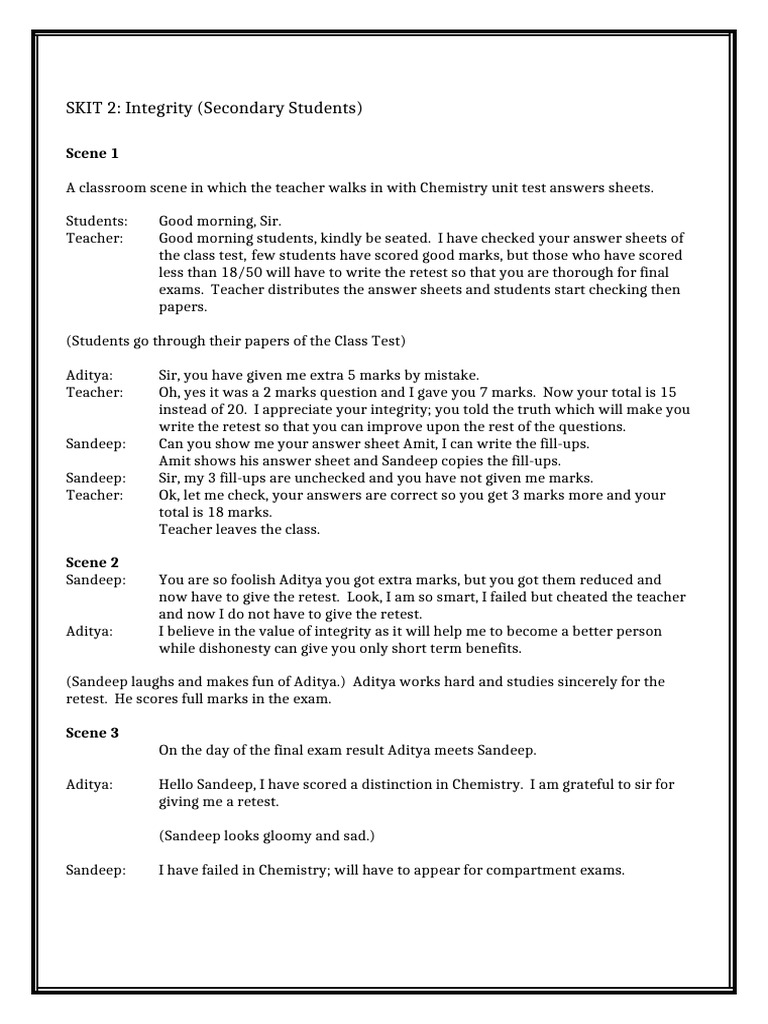 Integrity in Student Ethics Skit | PDF