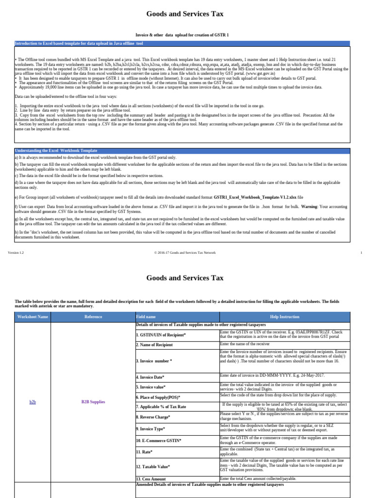 GSTR 1 Excel Template Guide | PDF | Invoice | Microsoft Excel