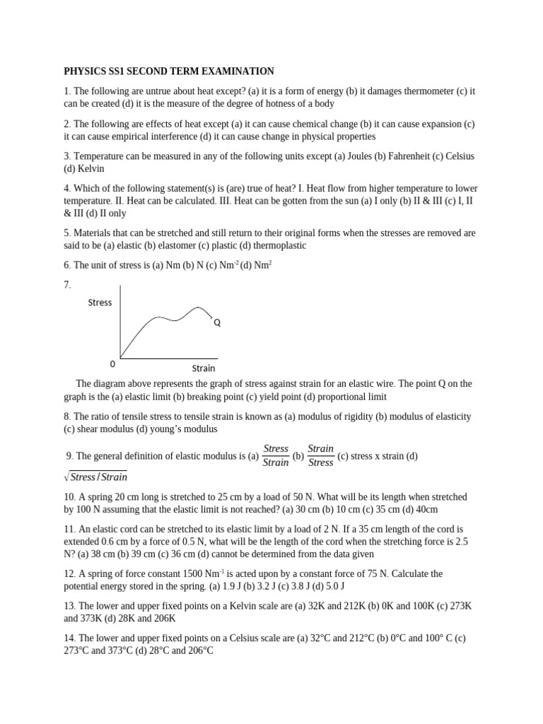 Physics SS1 Heat and Elasticity Exam Guide | PDF | Thermal Expansion ...
