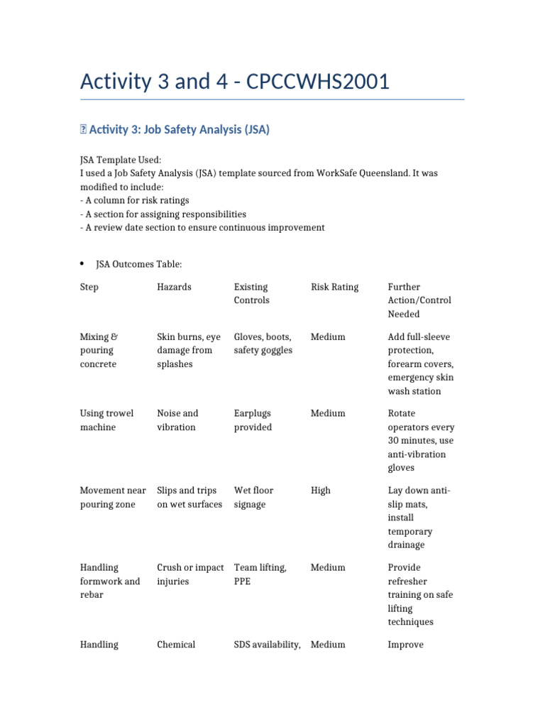 Concrete Safety JSA & Risk Control Plan | PDF | Personal Protective ...