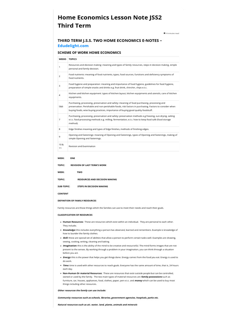 Home Economics Lesson Note JSS2 Third Term | PDF | Food Storage | Food Preservation