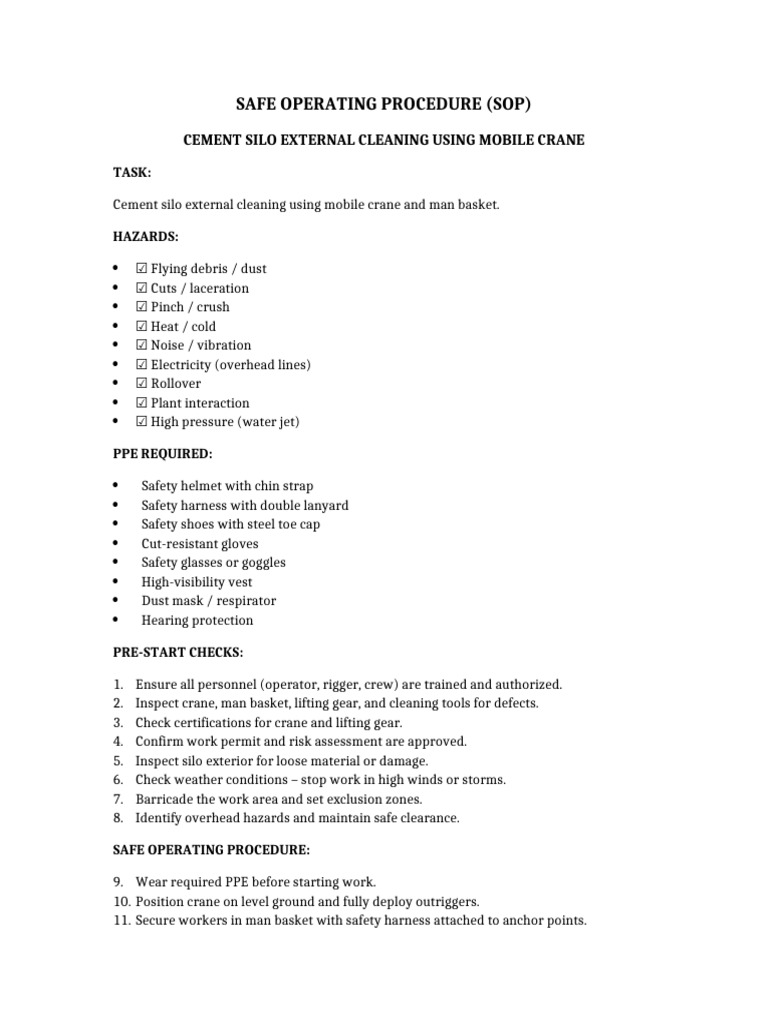 SOP Cement Silo External Cleaning Mobile Crane | PDF