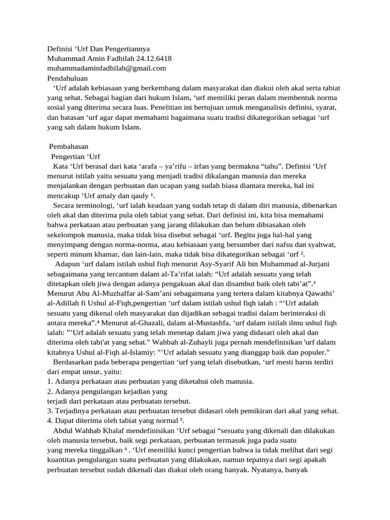 Definisi dan Peran ‘Urf dalam Hukum Islam | PDF