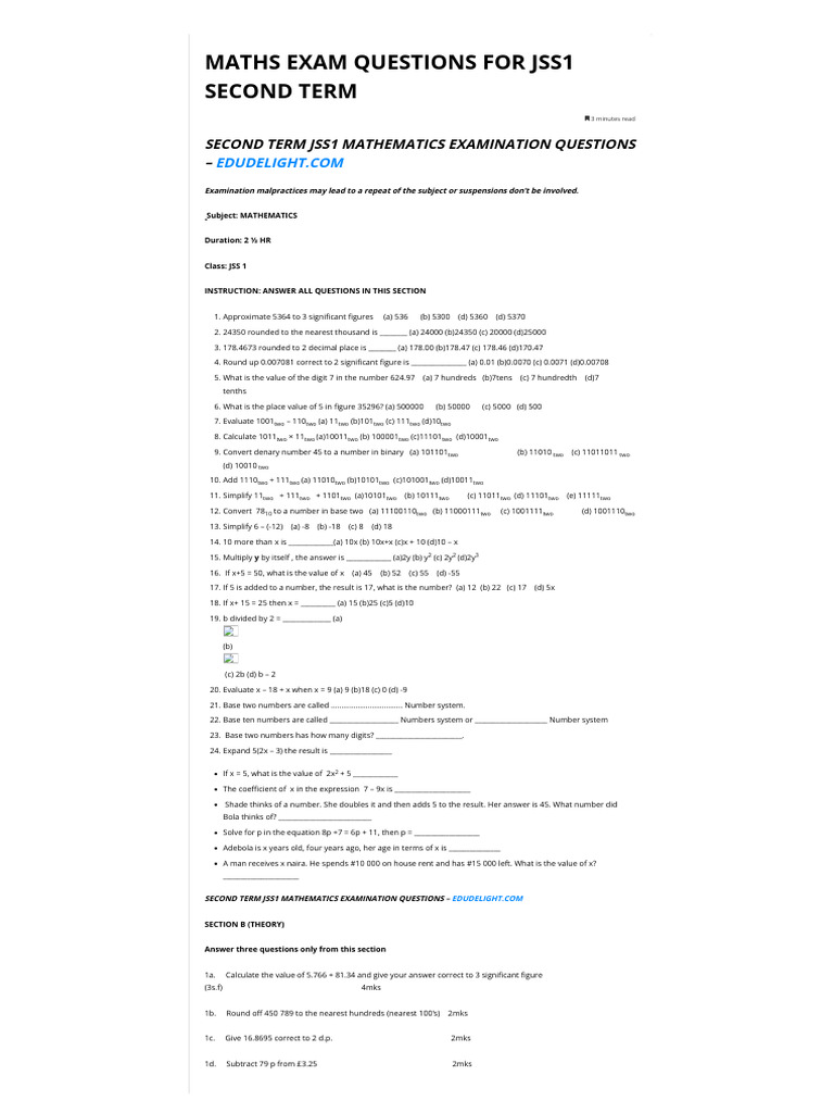 Maths Exam Questions For Jss1 Second Term | PDF | Significant Figures | Numbers