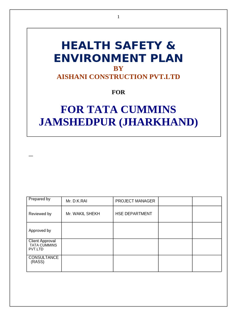 HSE Plan for Tata Cummins Project | PDF | Occupational Safety And ...