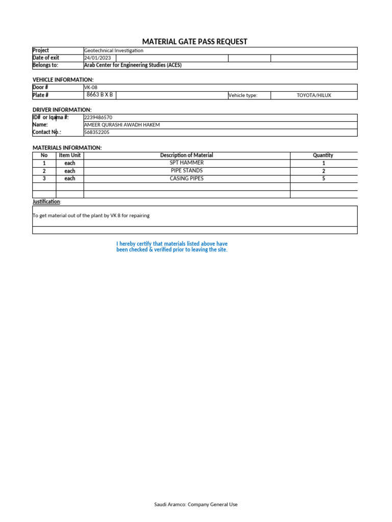 Material Gate Pass Request Form - VK - 08 - Out For Store-2 | PDF