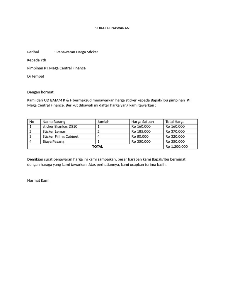 Penawaran Harga Sticker untuk PT Mega Central Finance | PDF