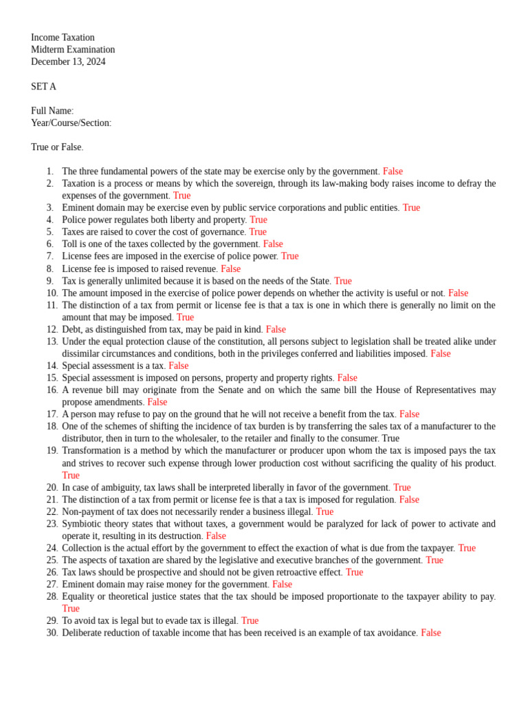 Income Taxation Midterm Exam Review | PDF | Taxes | Taxation In The ...