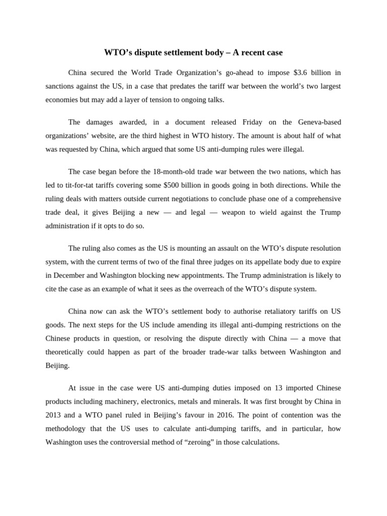 Case 4 - WTO's Dispute Settlement Body A Recent Case | PDF | World ...