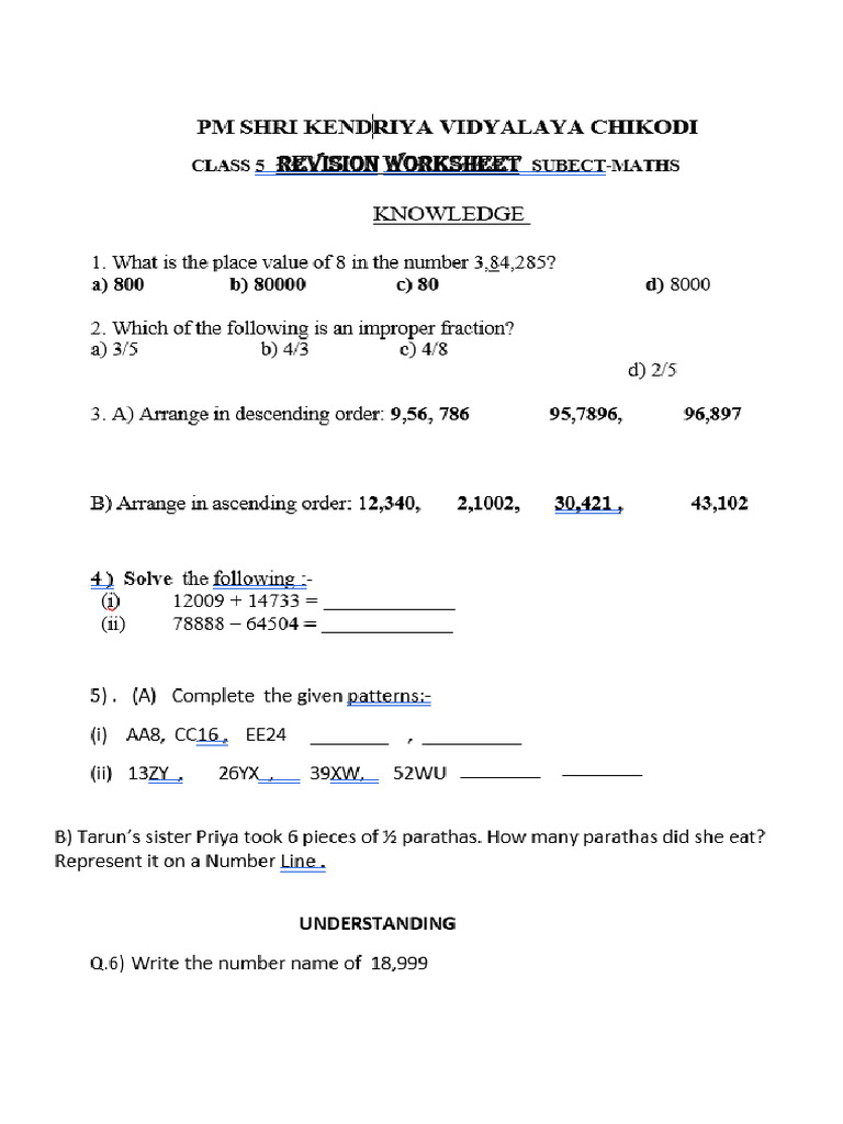 Maths Class 5 Revision Worksheet | PDF