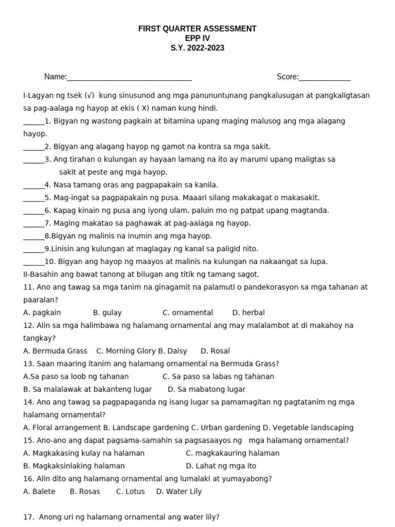 First Quarter Assessment Epp | PDF