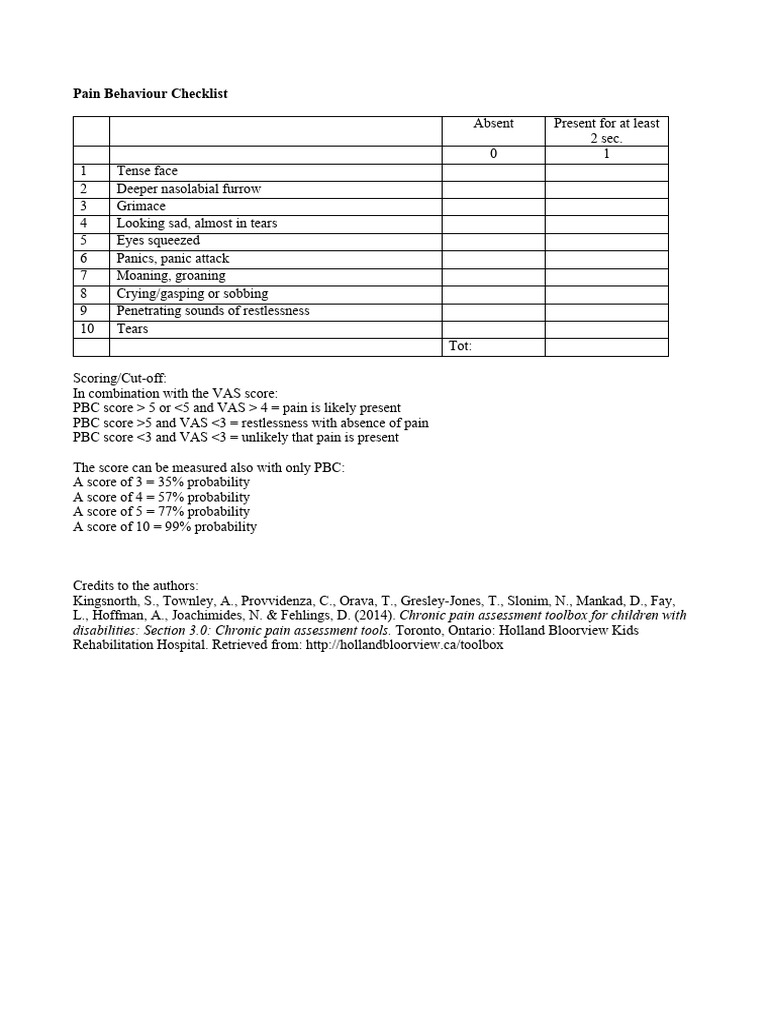 Pain Behaviour Checklist Overview | PDF