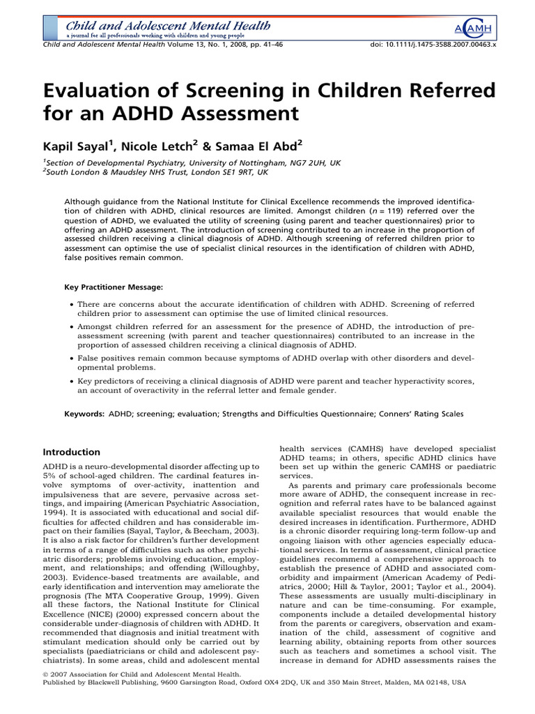 ADHD Screening in Referred Children | PDF | Attention Deficit ...