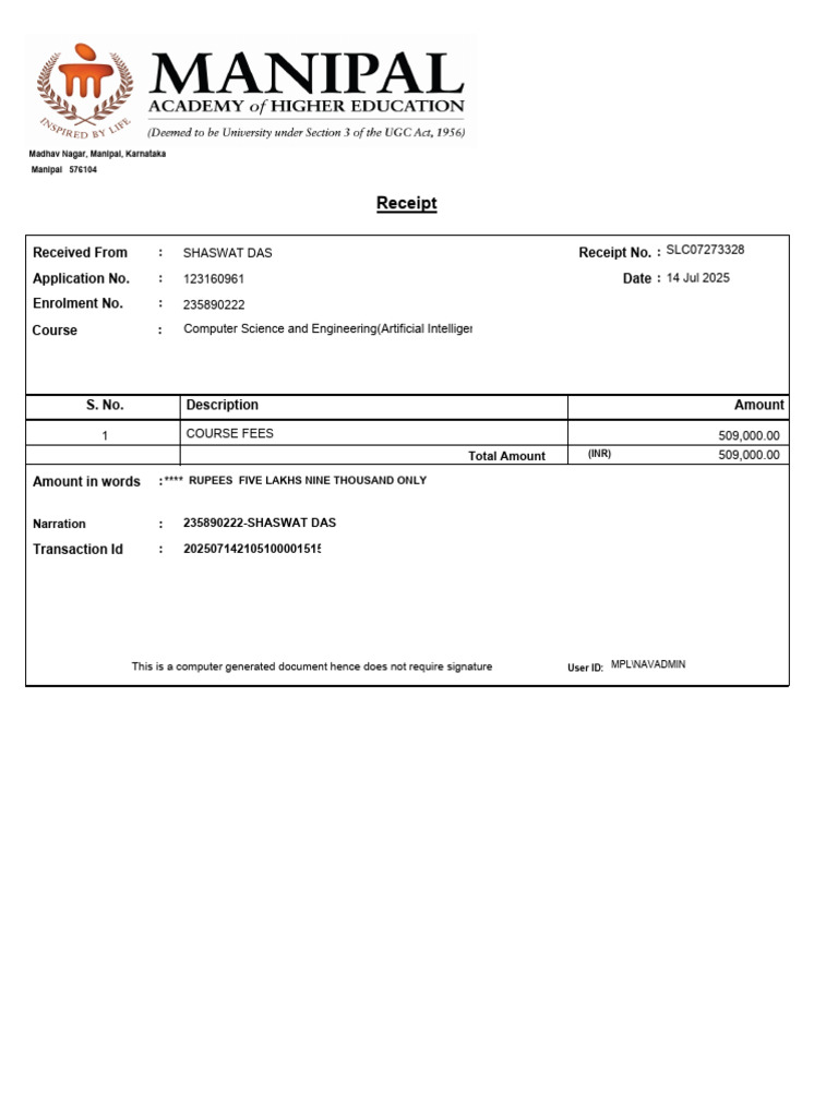 Student Receipt | PDF