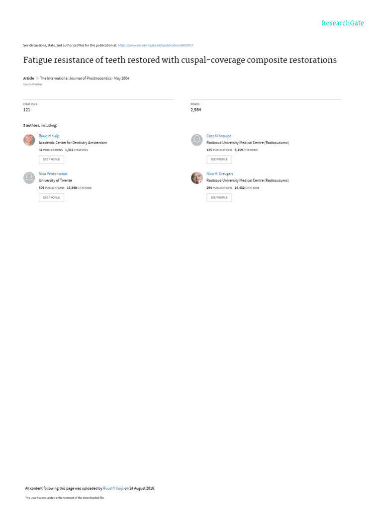 Fatigue Resistance of Teeth Restored With Cuspal-coverage Composite ...