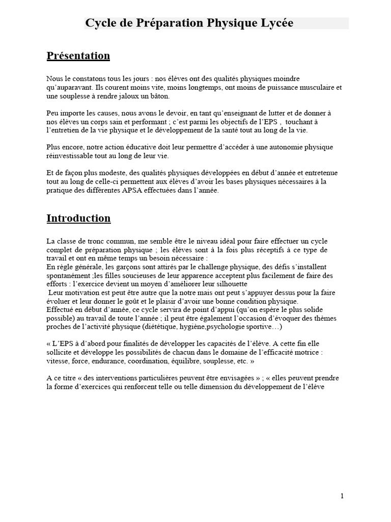 Cycle de Préparation Physique Lycée | PDF