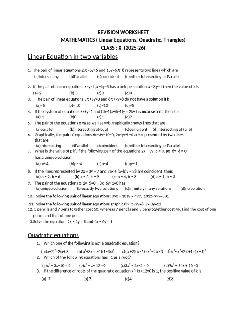 10th Term1 Revision Linear, Quadratic, Triangles-3 | PDF | Equations ...