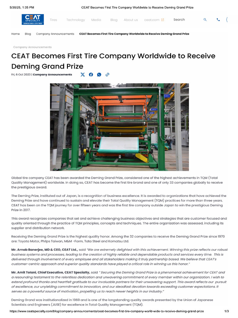 Deming Grand Prize - CEAT LTD | PDF