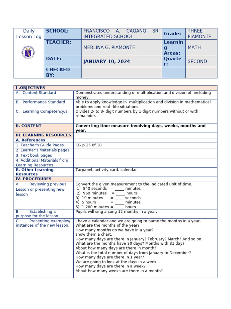 Grade 3 COT Math Q2-Piamonte | PDF | Learning | Teachers