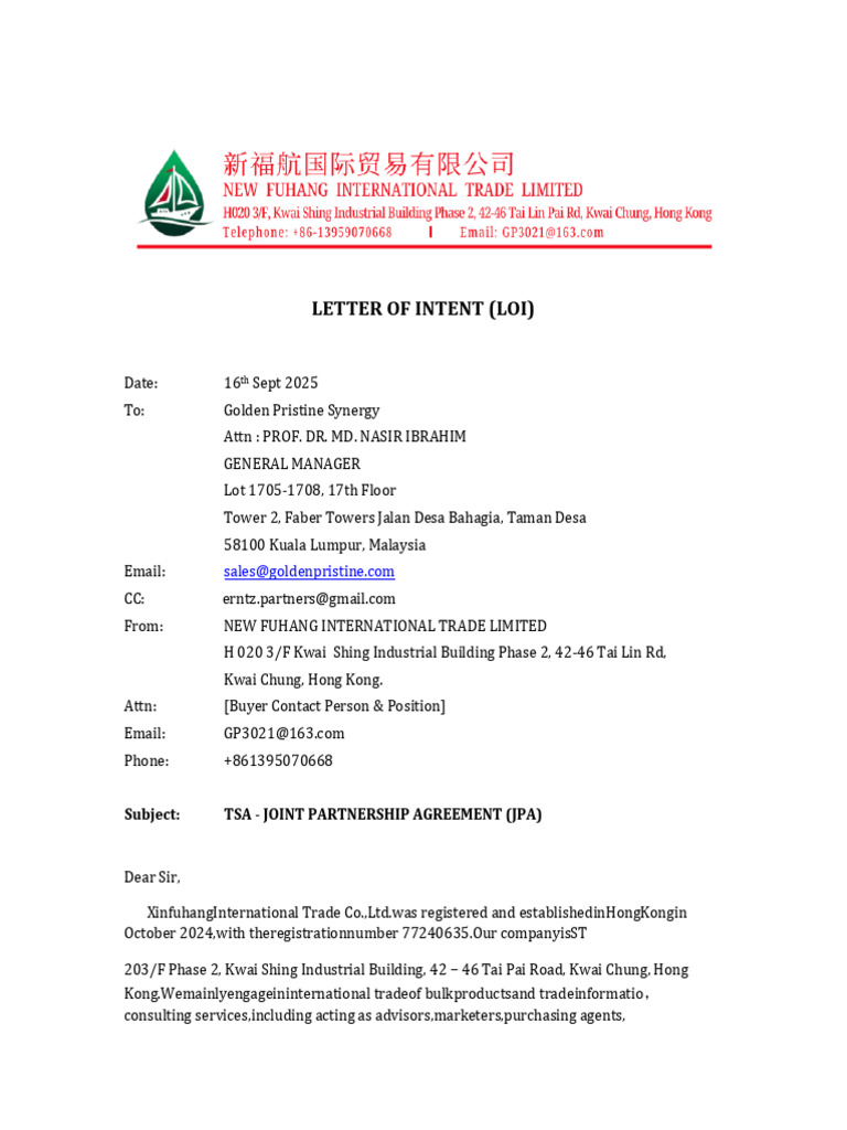 Joint Partnership Agreement LOI for EN590 | PDF