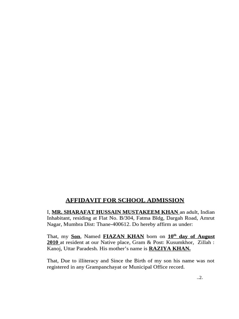 Affidavit For School Addmission Not Having Birth Certificate | PDF