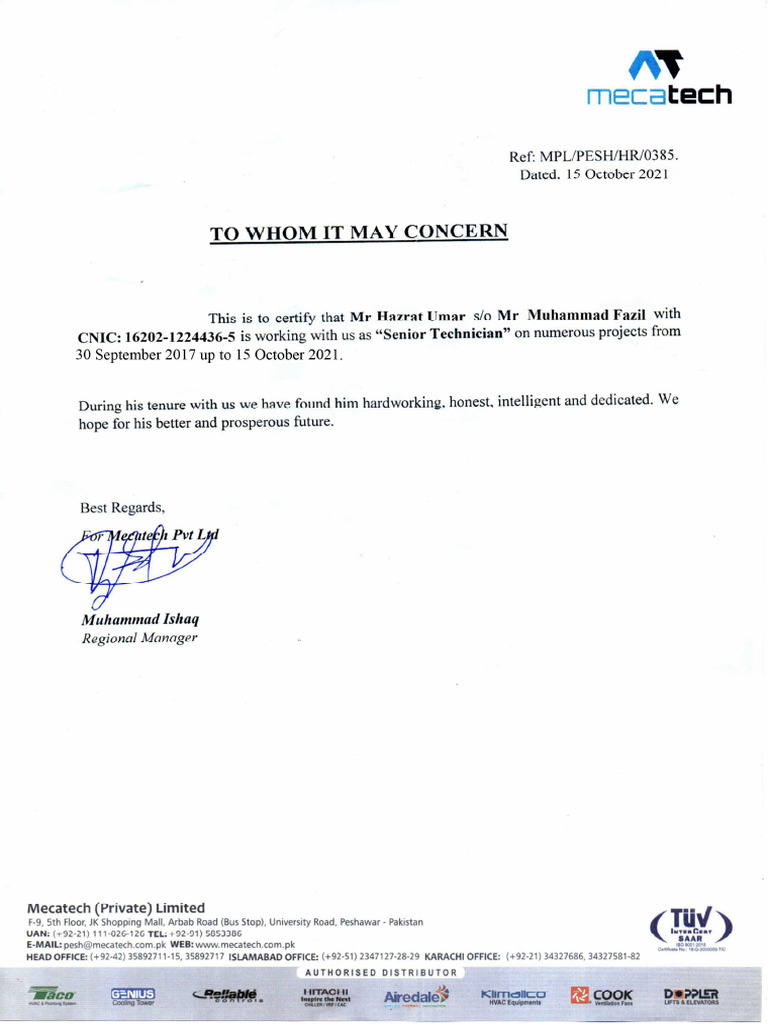 H Umar HVAC Certificate | PDF