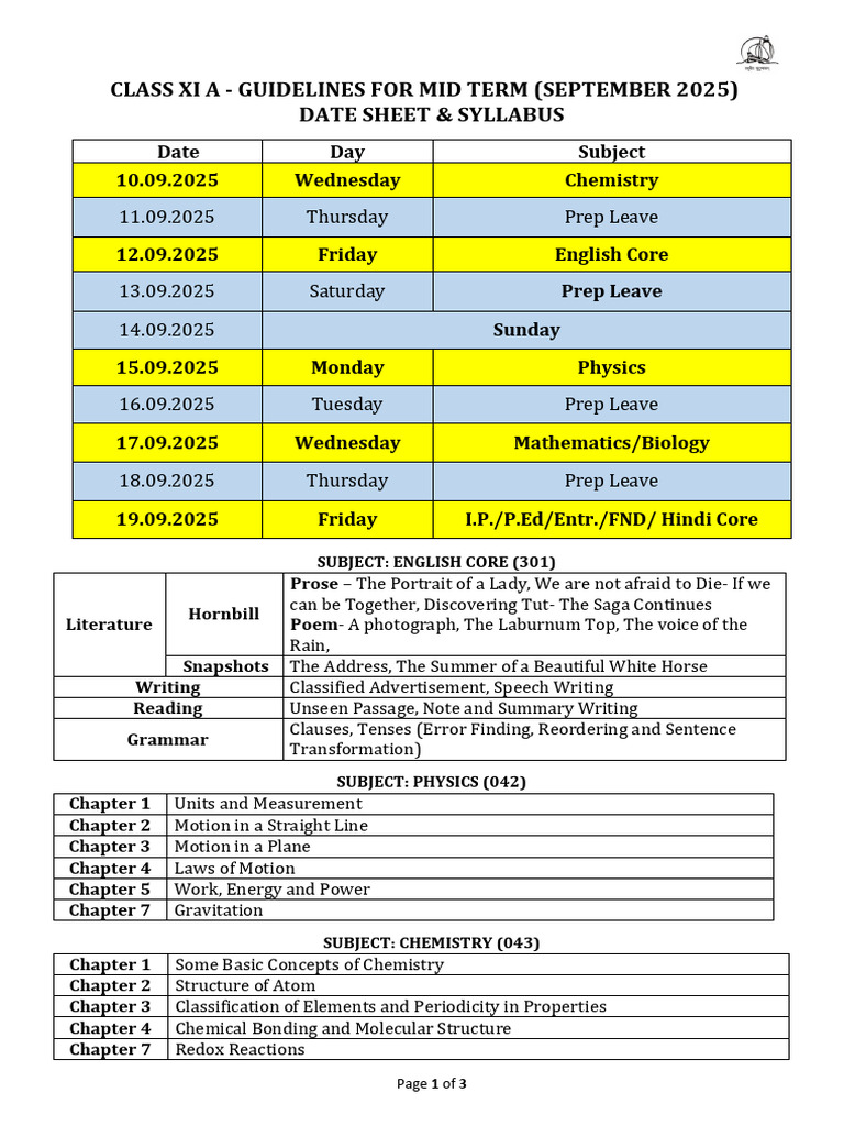 Xi A Guidelines Mid Term Exam (Sep 2025) | PDF | Chemistry | Nutrition