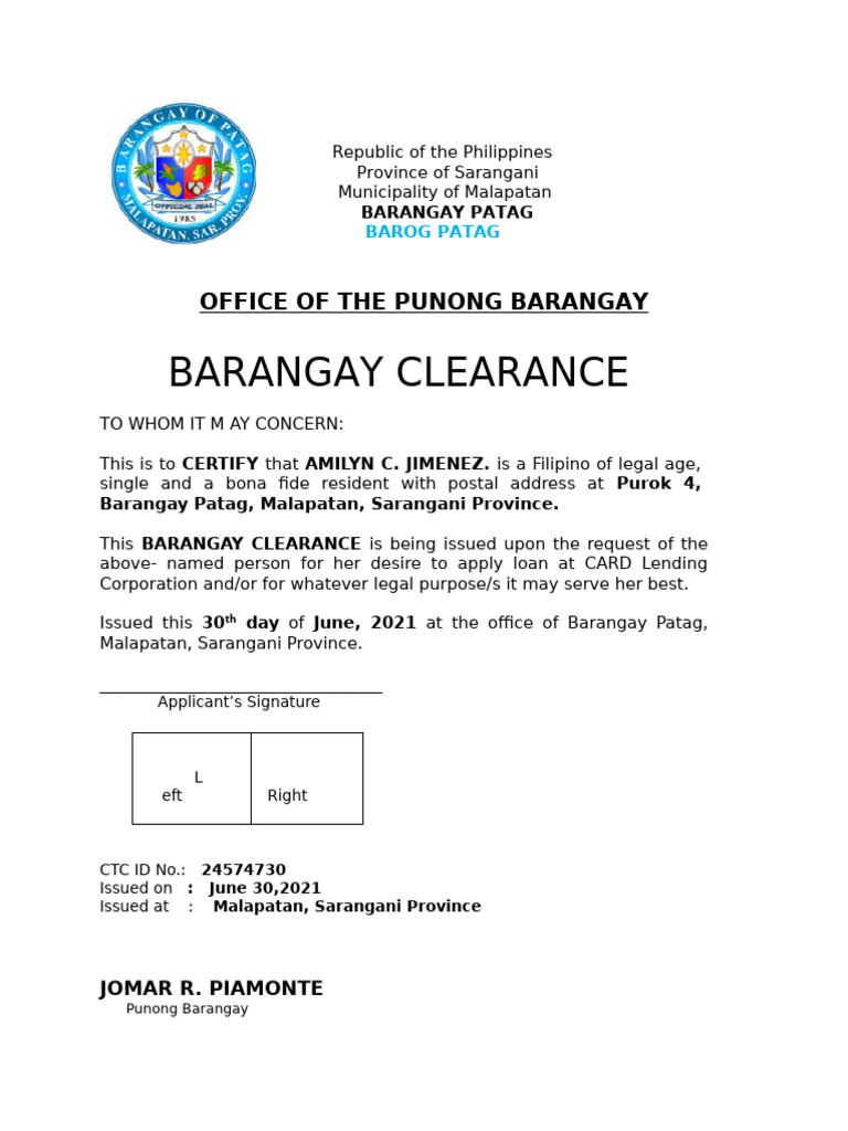 Barangay Clearance for Amilyn Jimenez | PDF