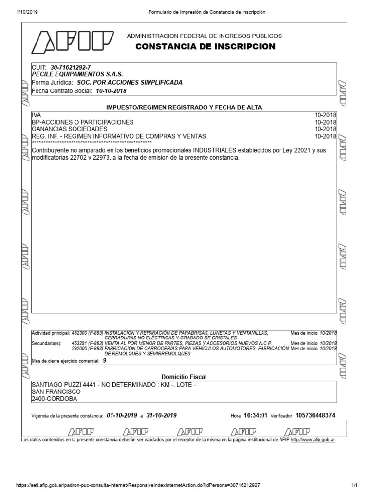 Constancia Inscripcion Afip - Pecile Equipamientos Sas | PDF