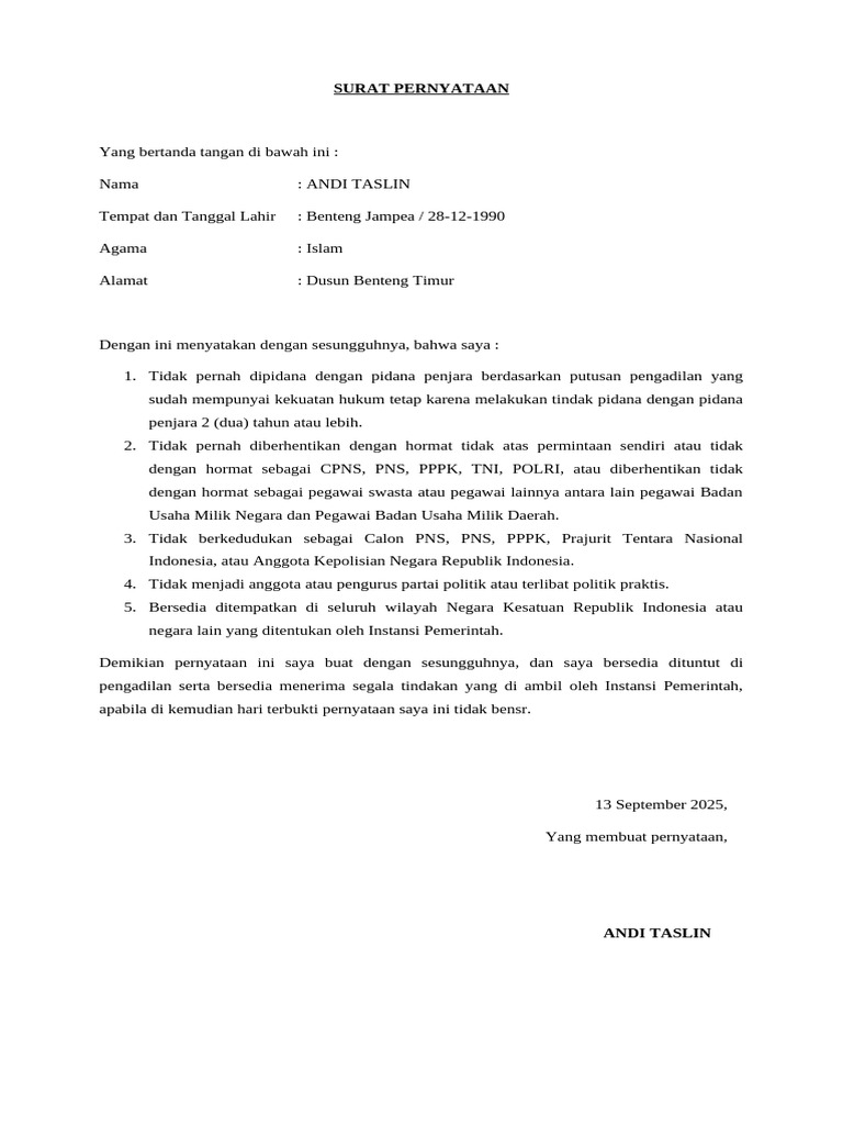 Surat Pernyataan Andi Taslin 2025 | PDF