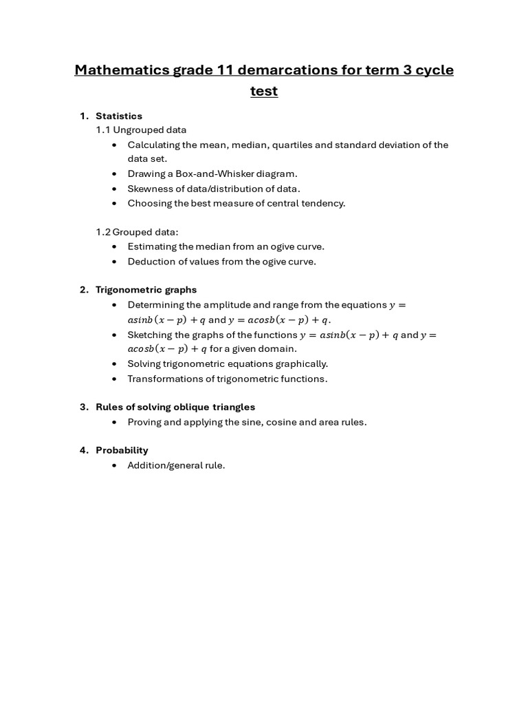 Grade 11 Term 3 Math Topics Overview | PDF
