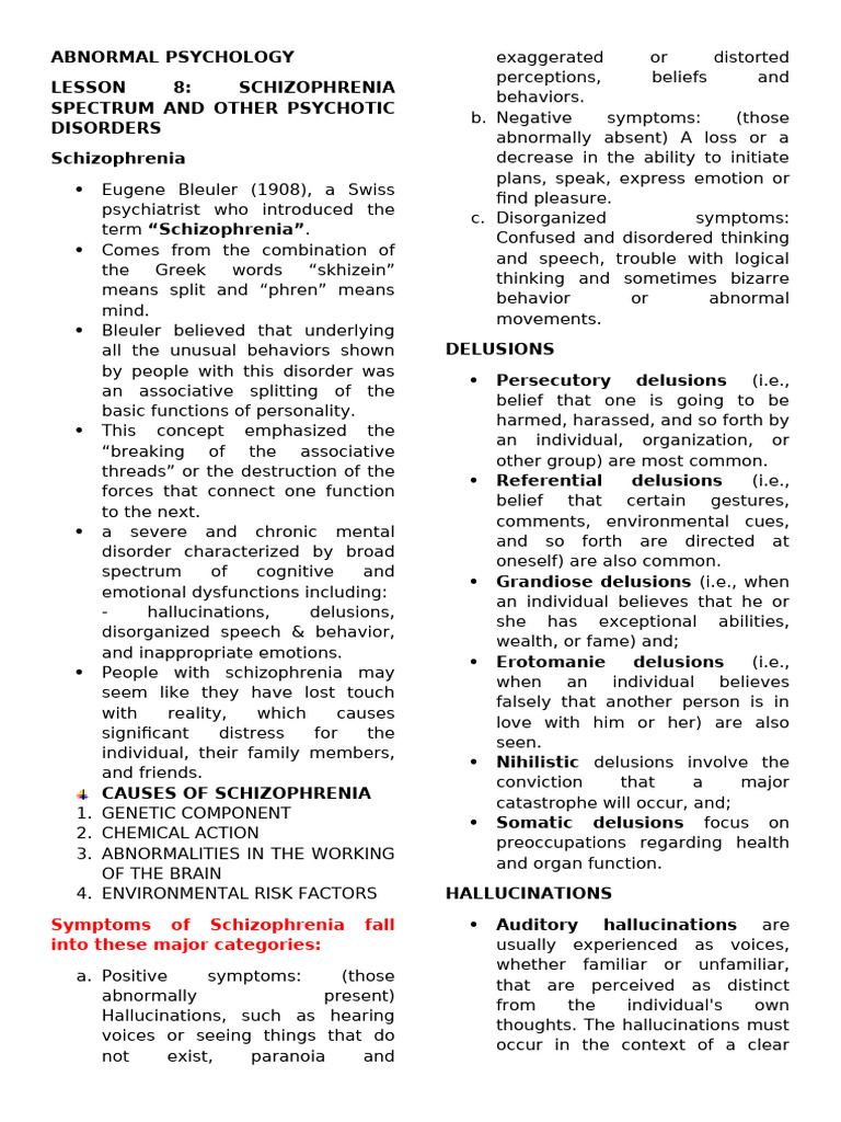 Abnormal Psychology Chapter 8 | PDF | Schizophrenia | Delusion