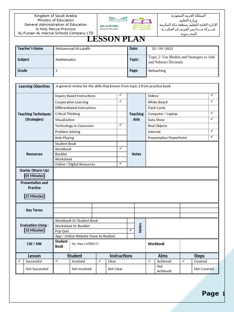 Lesson Plan 20-9-2023 - G5 | PDF | Lesson Plan | Differentiated Instruction