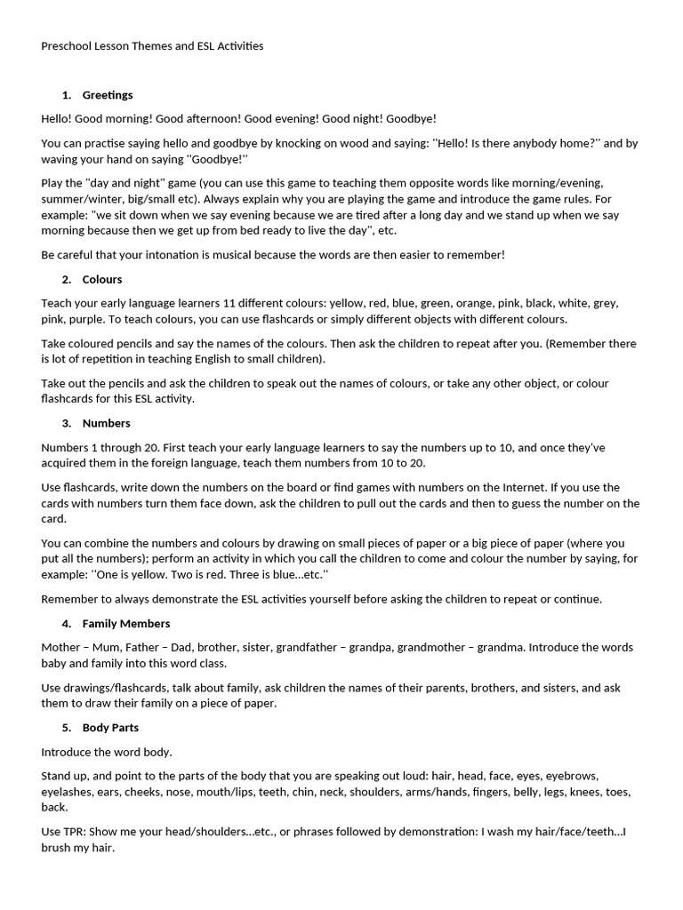 ESL Activities for Preschool Themes | PDF | English As A Second Or ...
