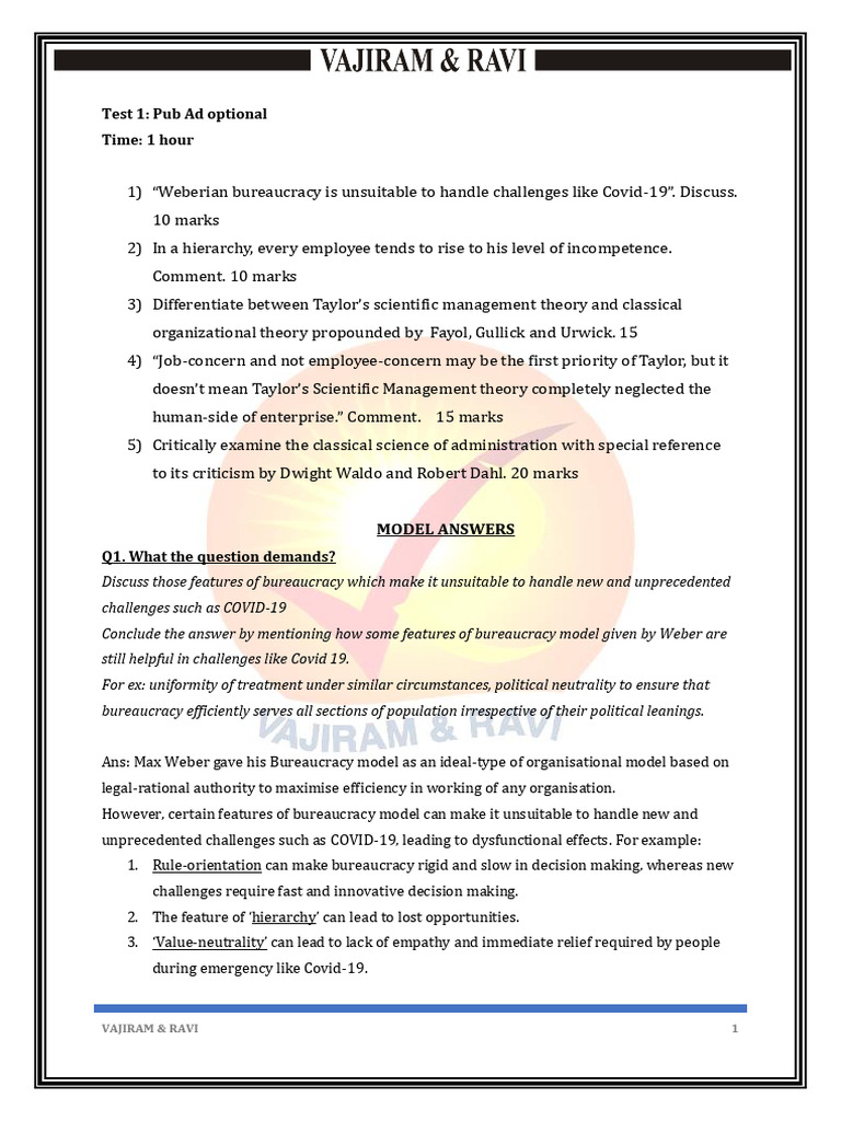 MODEL ANSWERS Test-1 Class Test Public Administration | PDF ...