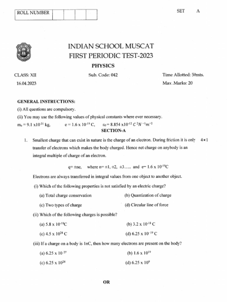 Xii First Periodic Test Physics A B C | PDF