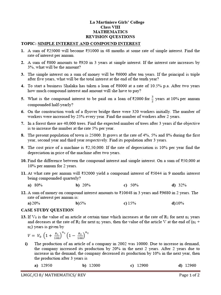 8. Simple Interest and Compound Interest Revision Questions SKr | PDF ...