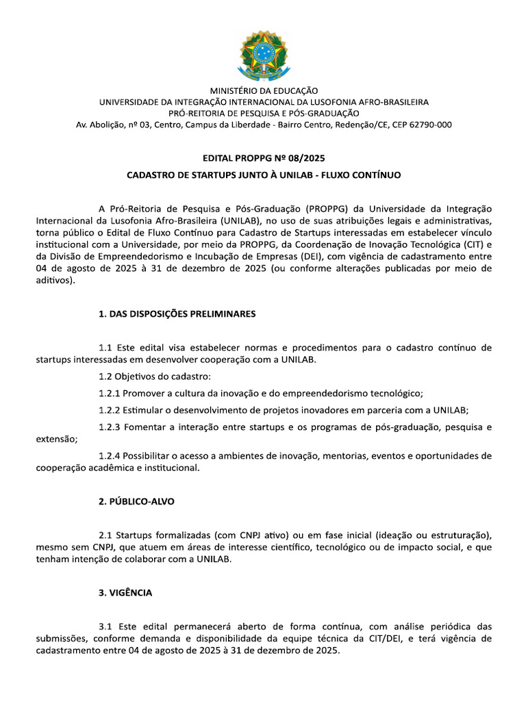 Edital-08 2025-Proppg Unilab | PDF