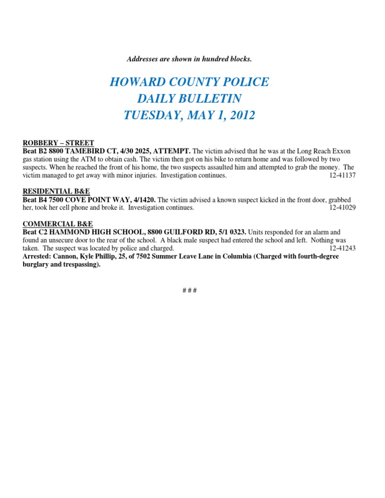 Howard County Police Daily Bulletin May 2012 | PDF