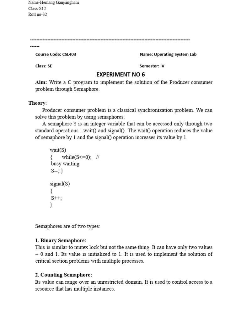 OS Experiment No 6 Hemang Ganjsinghani S12 32 | PDF | Concurrency (Computer Science) | Computer ...
