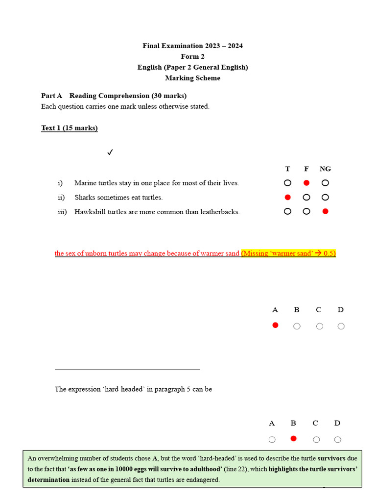 2324 F2 Final Exam (GE) Marking Scheme | PDF | Adolescence | Sea Turtle