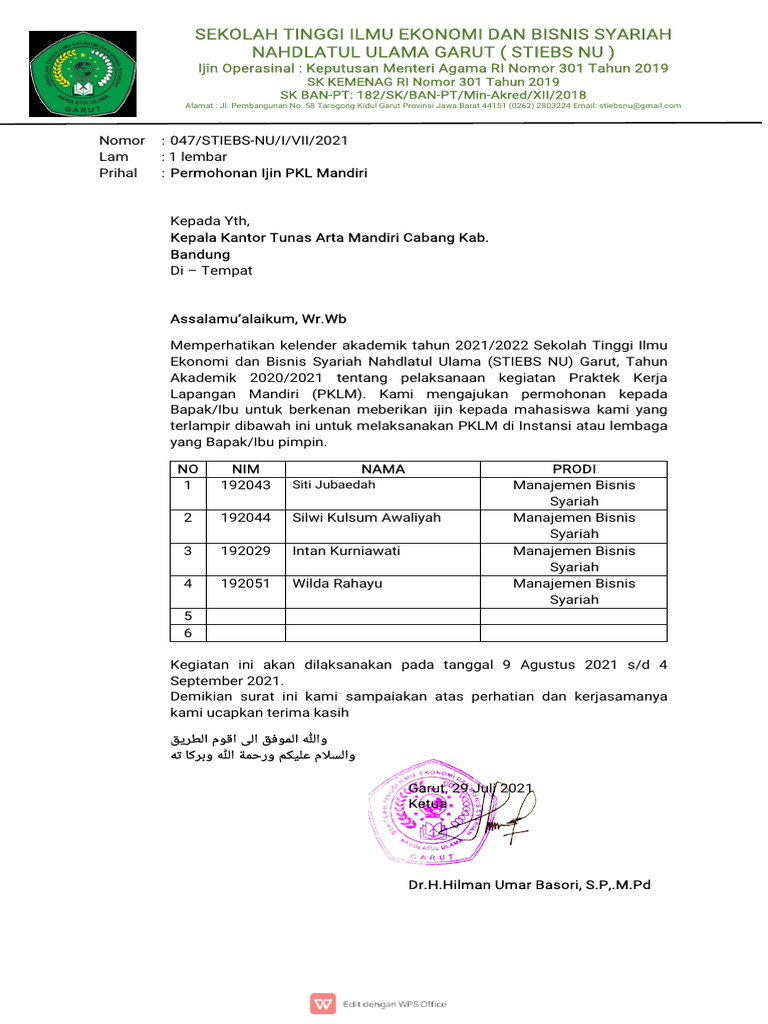 Permohonan Ijin PKL Mahasiswa STIEBS NU | PDF