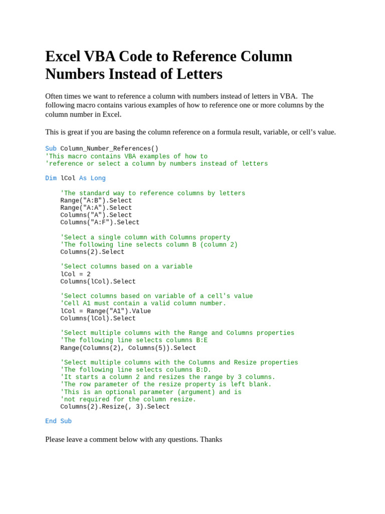 Excel VBA Code to Reference Column Numbers Instead of Letters | PDF